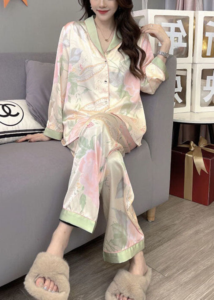 Italian Oversized Patchwork Print Ice Silk Pajamas Two Pieces Set Spri ...