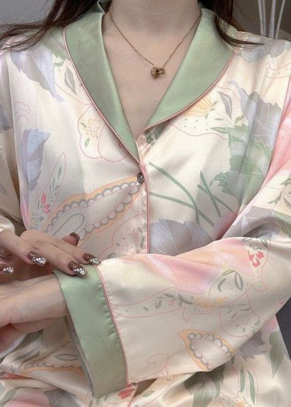 Italian Oversized Patchwork Print Ice Silk Pajamas Two Pieces Set Spri ...