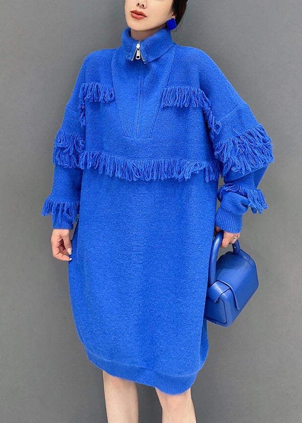 Italian Royal Blue Zip Up Tasseled Cotton Knit Mid Dress Long Sleeve ...
