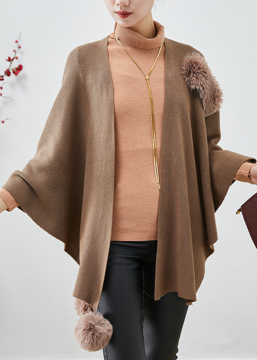 Khaki Oversized Knit Cardigan Fuzzy Ball Decorated Cloak Sleeves – Omychic