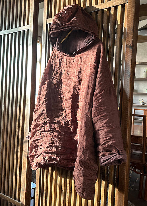 Loose Brick Red Hooded Wrinkled Linen Tops Spring – Omychic