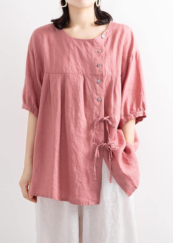 Modern Pink tie Cotton Linen Blouses Summer – Omychic