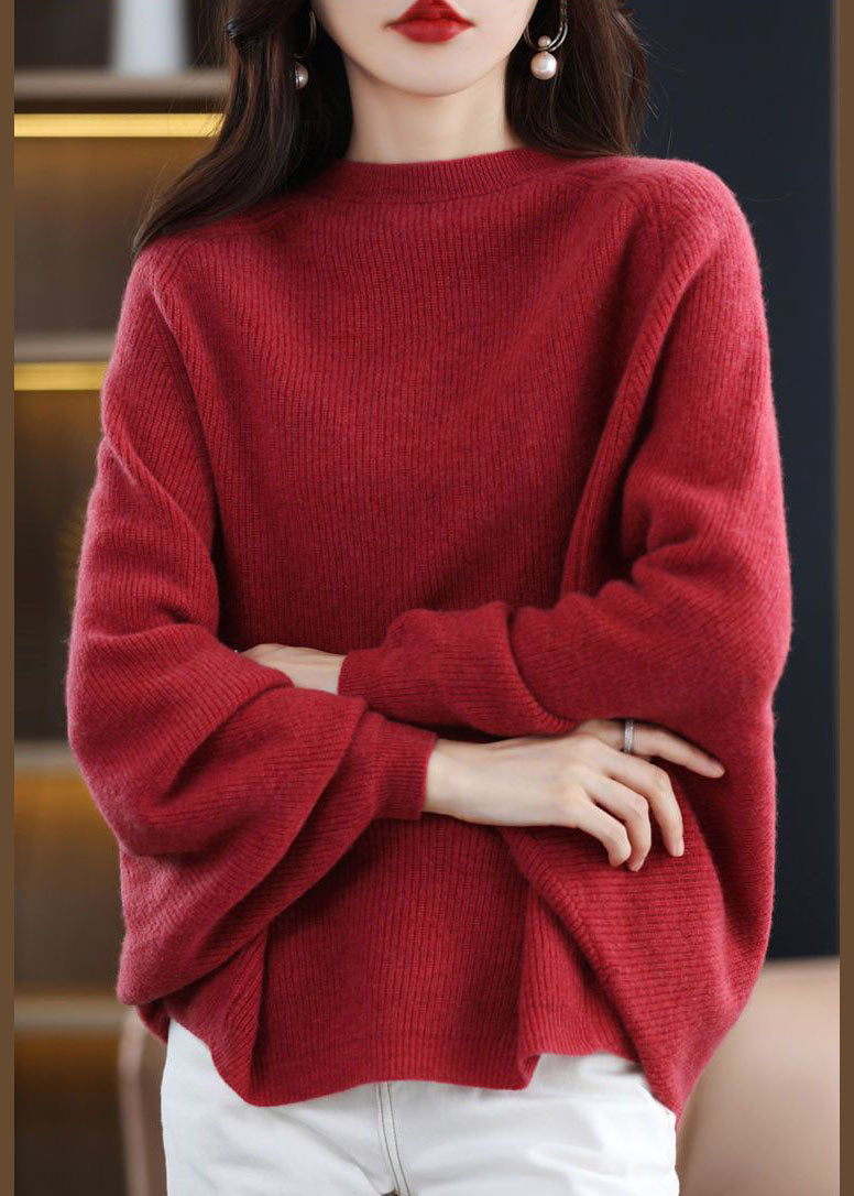 Modern Red O-Neck Oversized Wool Knit Sweater Tops Batwing Sleeve – Omychic