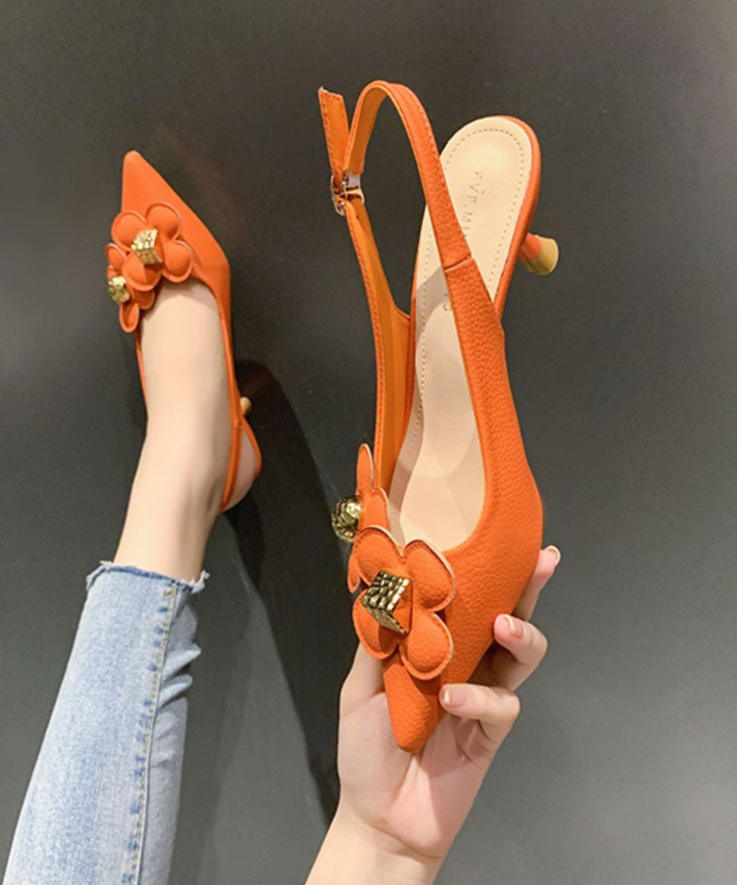 Orange Pointed Toe Floral Sequined Splicing Stiletto Sandals – Omychic