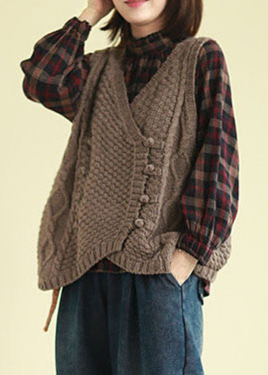 Organic Coffee Asymmetrical Button Knit Tanks Sleeveless – Omychic