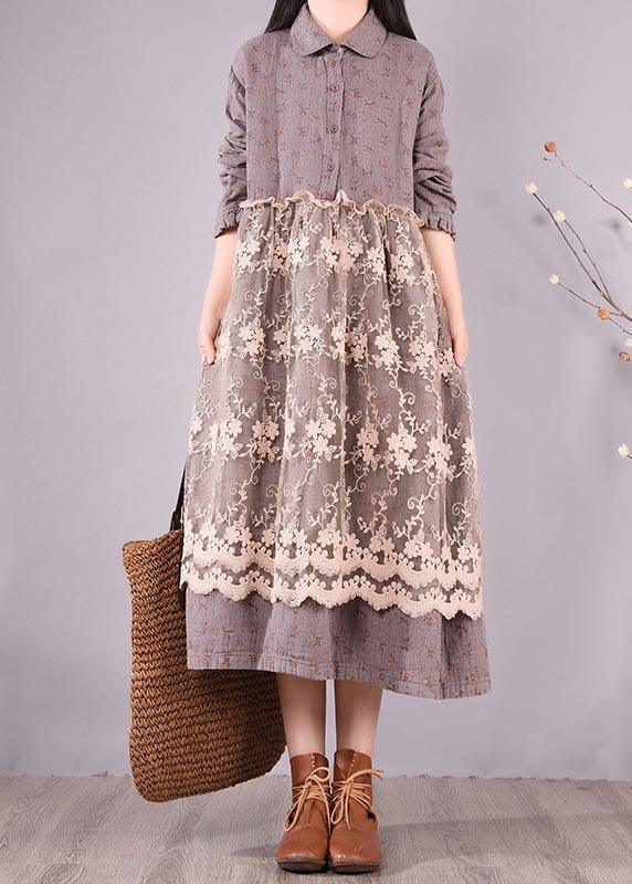 Organic Gray Print Wardrobes Patchwork Lace Long Spring Dresses – Omychic