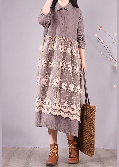Organic Gray Print Wardrobes Patchwork Lace Long Spring Dresses – Omychic