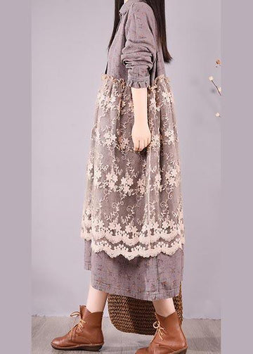 Organic Gray Print Wardrobes Patchwork Lace Long Spring Dresses – Omychic