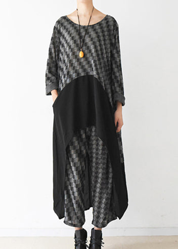 Original Black Plaid Asymmetrical Patchwork Cotton Two Piece Set Women ...