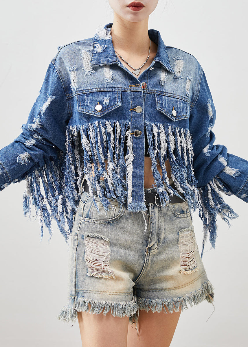 Original Design Blue Tasseled Cotton Ripped Coat Spring – Omychic