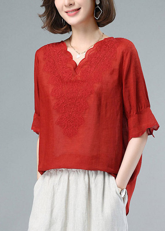 Plus Size Red V Neck Embroideried Patchwork Linen Tops Summer – Omychic
