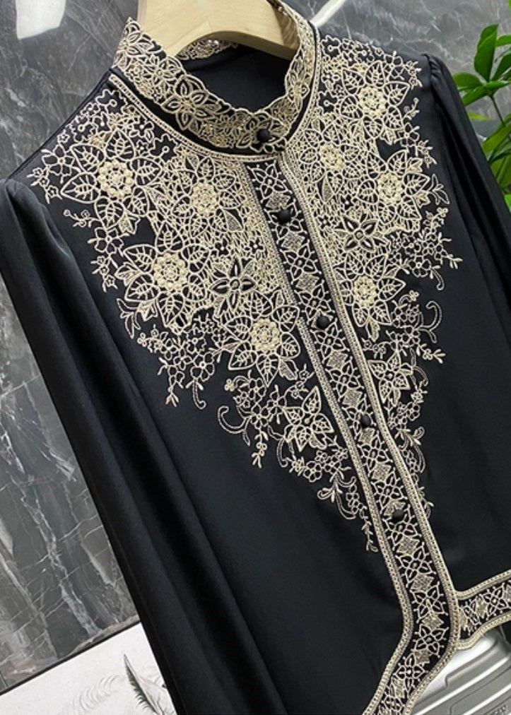 Plus Size Black Button Stand Collar Embroidered Silk Shirt Long Sleeve ...