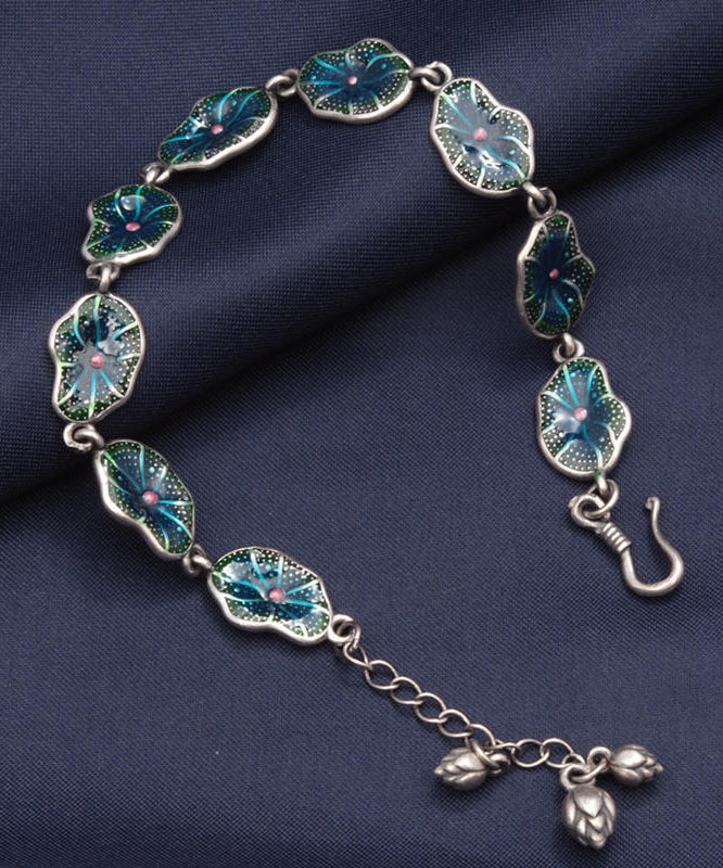 Retro Blue Sterling Silver Oil Drip Lotus Chain Bracelet – Omychic