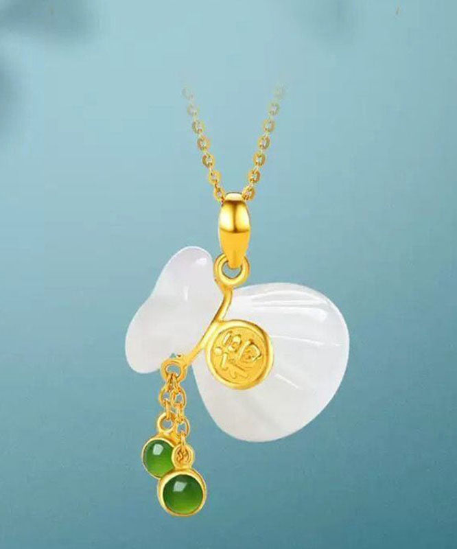 Retro White Sterling Silver Inlaid Jade Graphic Pendant Necklace – Omychic