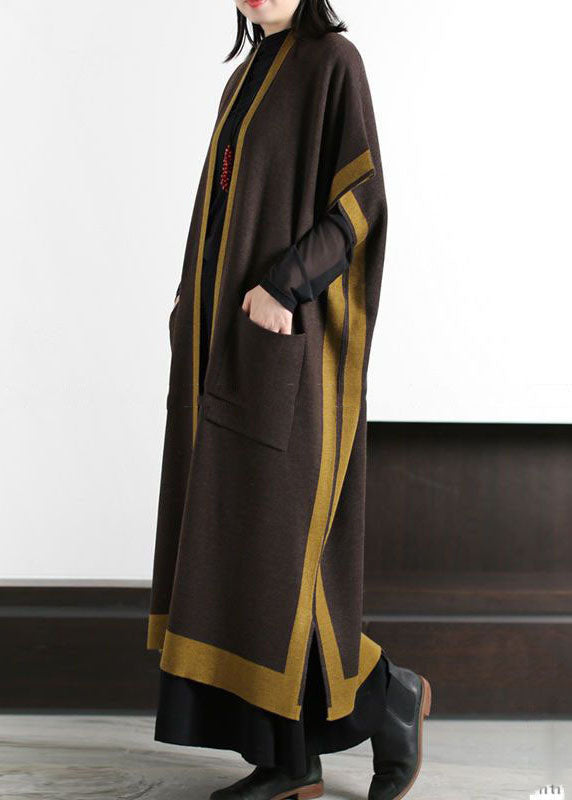 Simple Coffee Oversized Patchwork Pockets Side Open Cotton Cardigan Sh ...