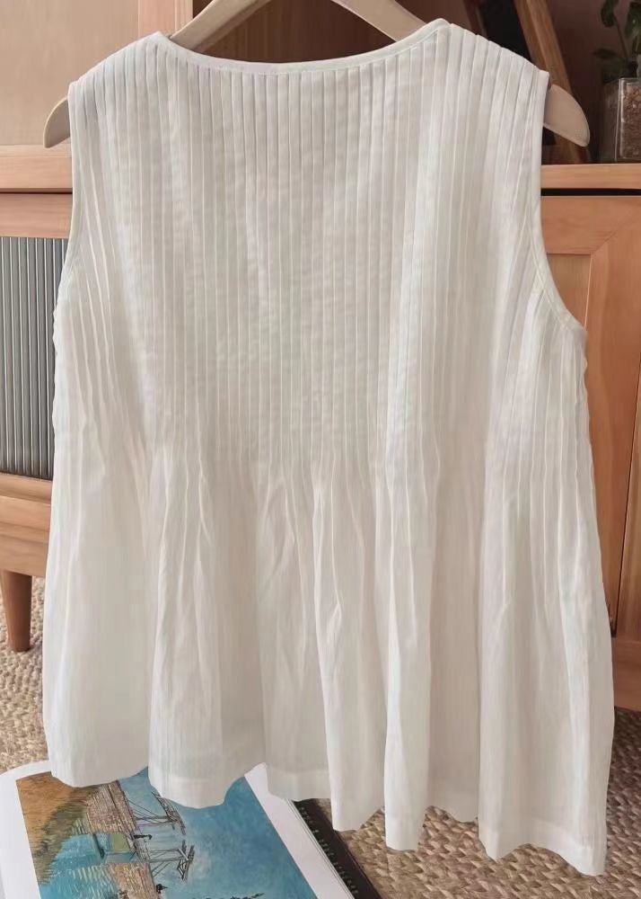 Simple White O Neck Solid Wrinkled Cotton Vest Sleeveless – Omychic
