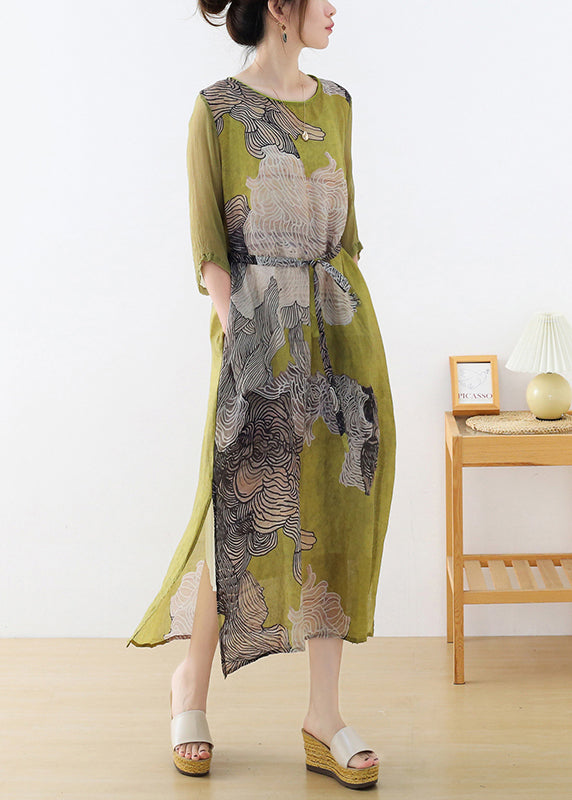 Slim Fit Green O-Neck Side Open Tunic Print Linen Party Dress Half Sle ...