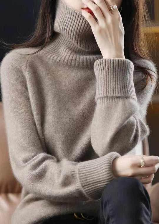 Unique Dark Camel High Neck Thick Cashmere Knit Sweater Tops Winter ...