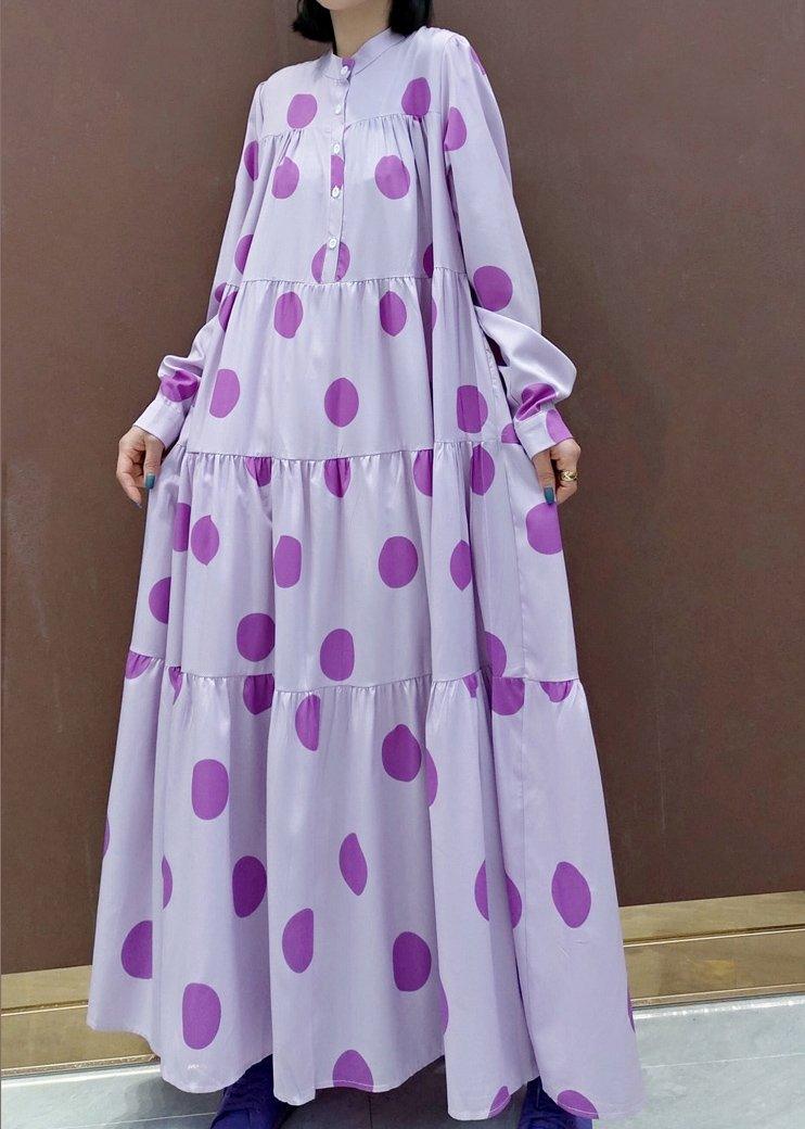 Unique Stand Collar Cinched Spring Outfit Photography Purple Dotted Lo ...