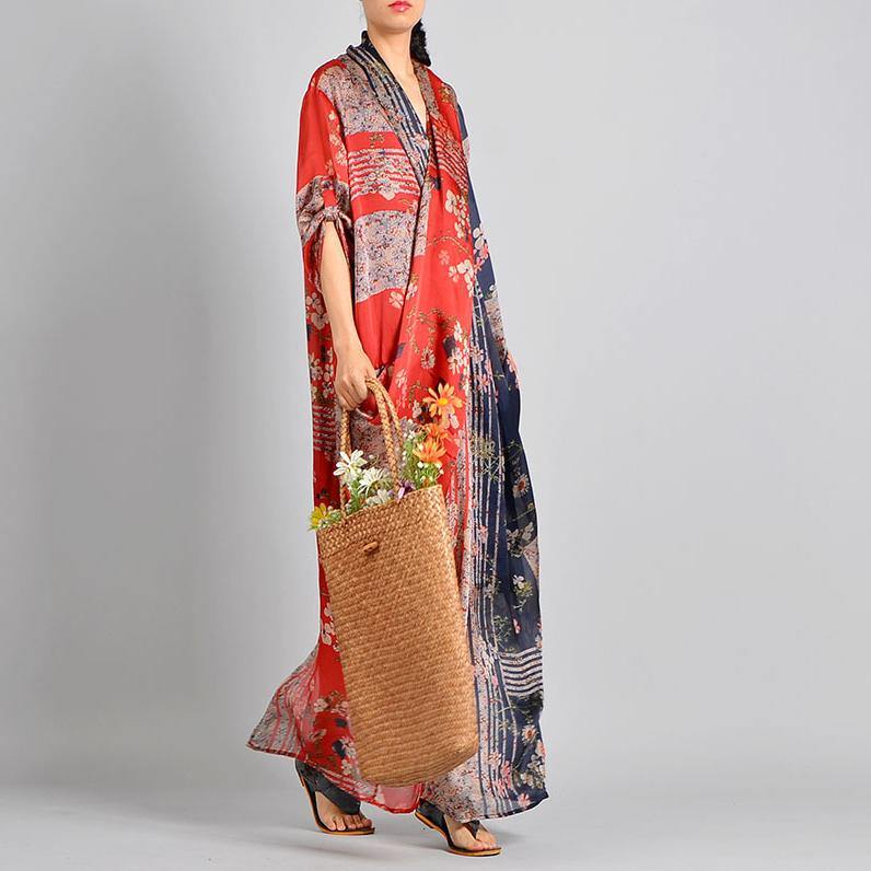 Unique Red Print Silk Blend Robes V Neck Robes Maxi Dress – Omychic