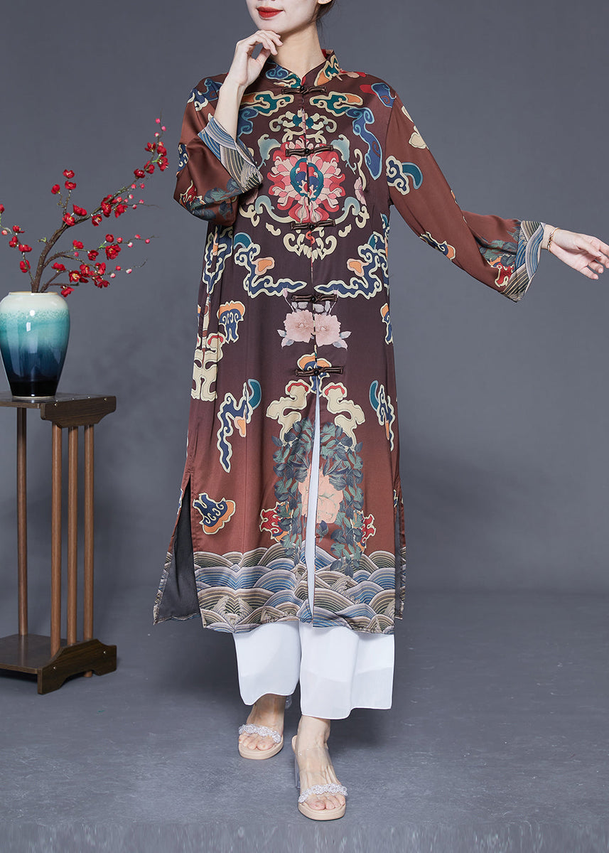 Vintage Brown Mandarin Collar Chinese Button Side Open Silk Trench Spr ...