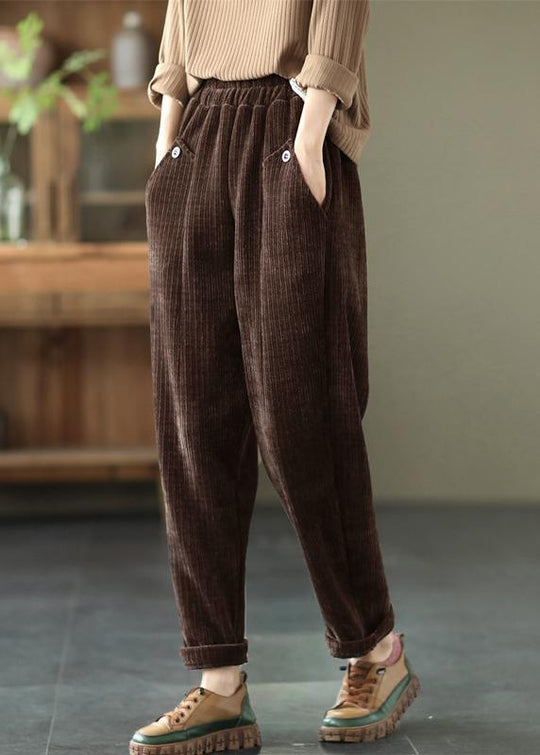 Vintage Coffee Thick Button Pockets Straight Casual Fall Pants – Omychic