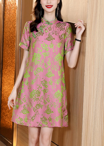 Vintage Pink Mandarin Collar Jacquard Silk cheongsam Dresses Short Sle ...