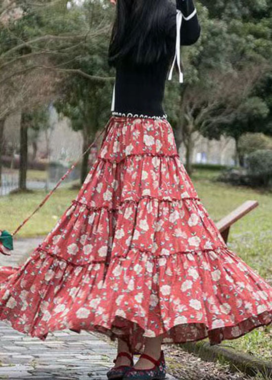 Vintage Red Print Cinched Patchwork Cotton Skirts Summer – Omychic