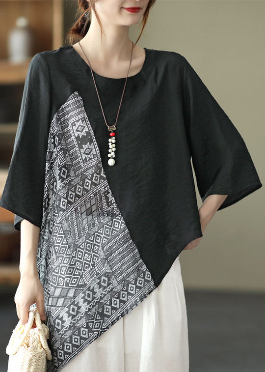 Women Black Asymmetrical Print Patchwork Cotton Blouses Summer – Omychic