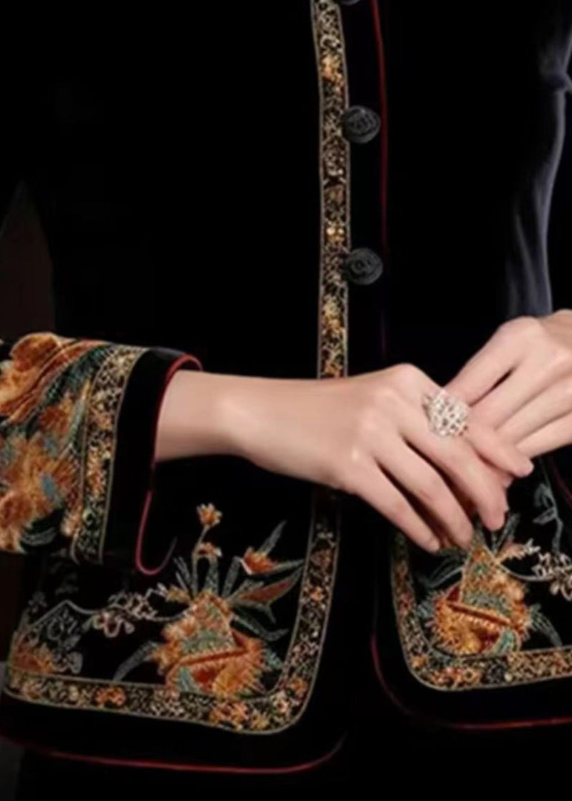 Women Black Embroidered Button Silk Coats Long Sleeve – Omychic