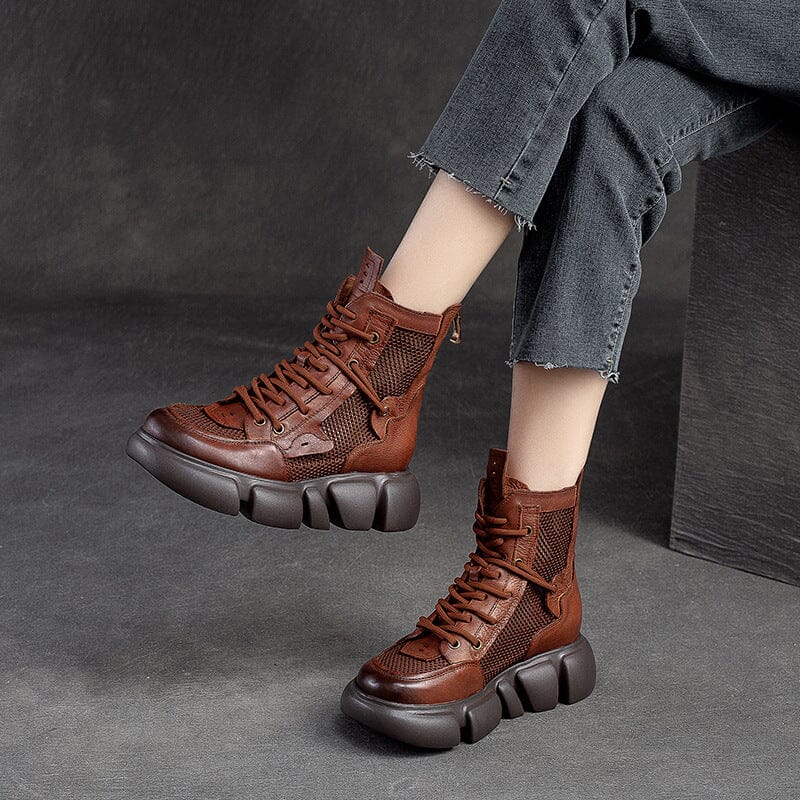 Summer Retro Leather Hollow Mesh Platform Boots – Omychic