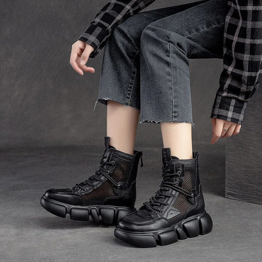 Summer Retro Leather Hollow Mesh Platform Boots – Omychic