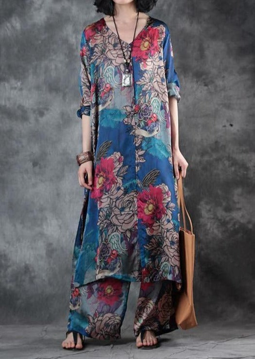 Summer Blue Prints Cotton Blended Side Open Tops And Elastic Waist Wid ...